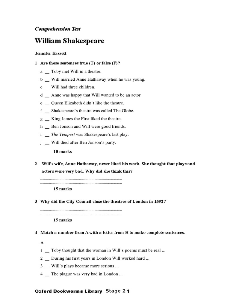 New Ob W Shakespeare Test | PDF | William Shakespeare | Ben Jonson