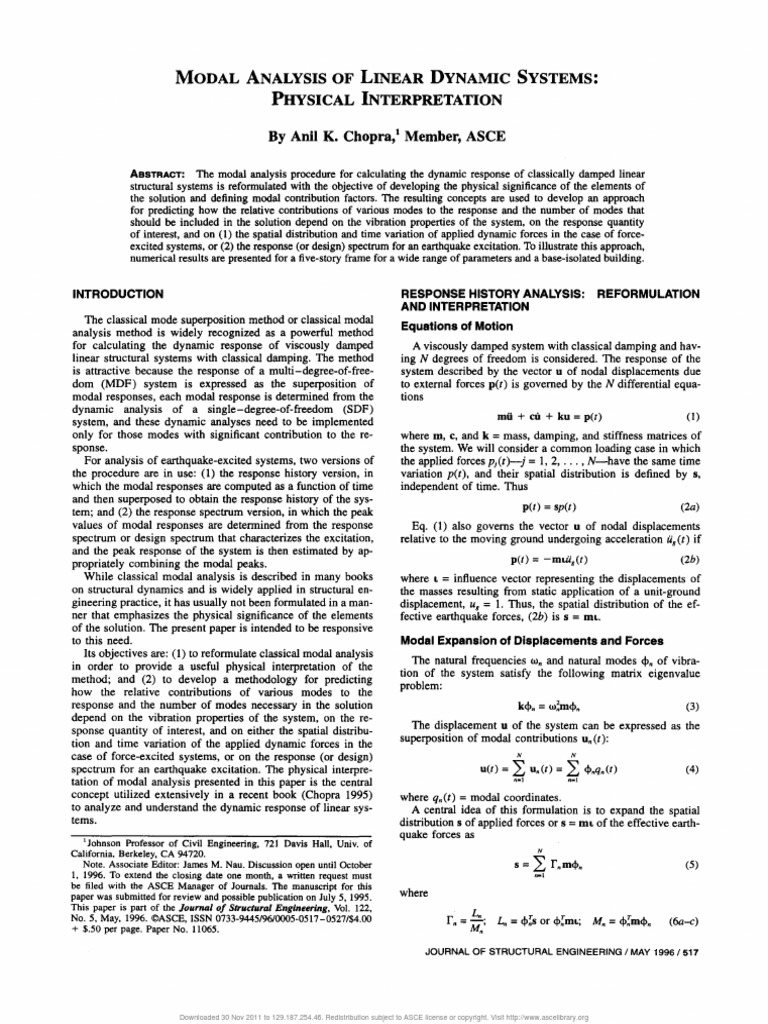 Chopra Modal+Analysis+of+Linear+Dynamic+Systems PDF | PDF | Normal Mode | Civil Engineering