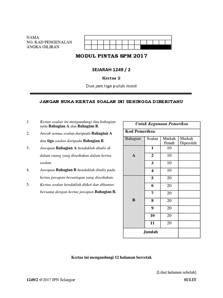 Sejarah k2 Percubaan SPM Selangor (Set 2) | PDF