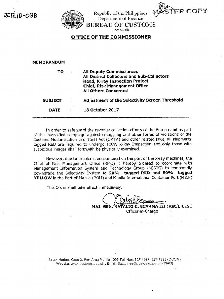 BOC Memo 2017-10-038 Adjustment of the Selectivity Screen Threshold