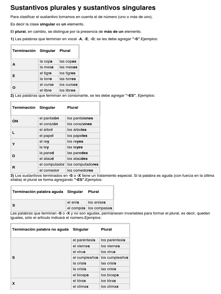 Sustantivos Plurales y Sustantivos Singulares | PDF | Sustantivo | Plural