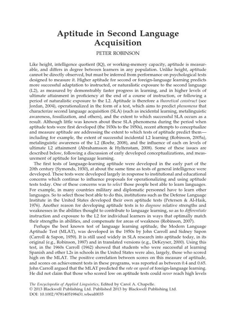 Aptitude in SLA PDF | PDF | Second Language Acquisition | Second Language