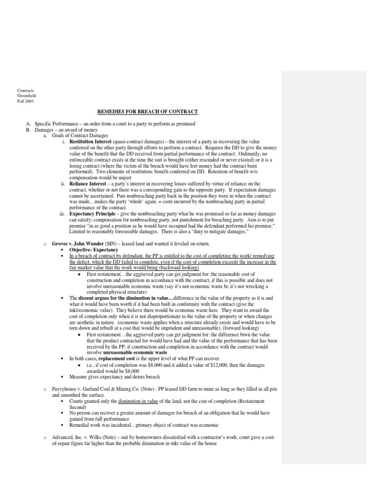 Remedies for Breach of Contract Explained | PDF | Breach Of Contract ...