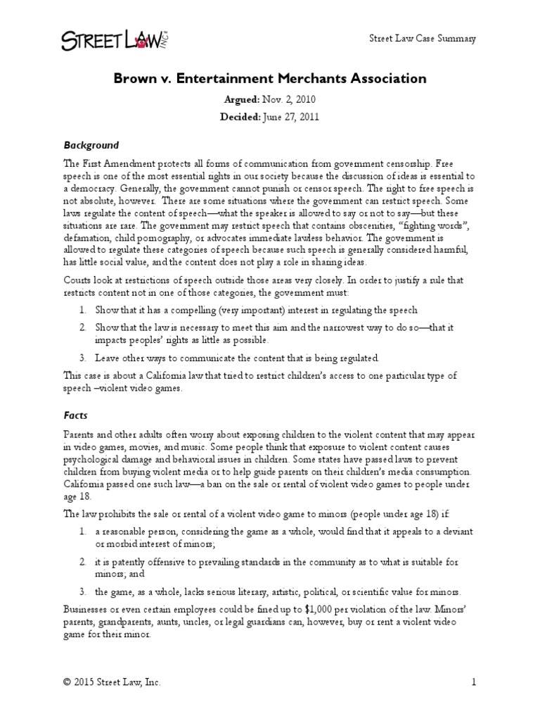 Brown v. Entertainment Merchants Case Summary | PDF | First Amendment ...