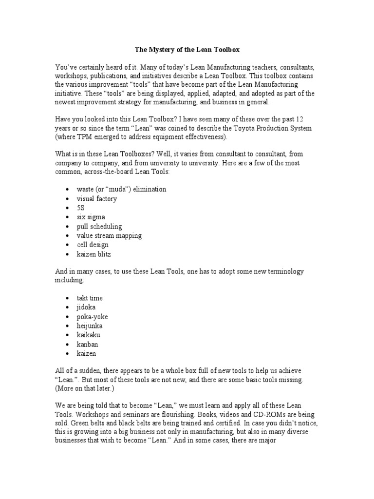 Lean Toolbox 0304 | PDF | Lean Manufacturing | Reliability Engineering