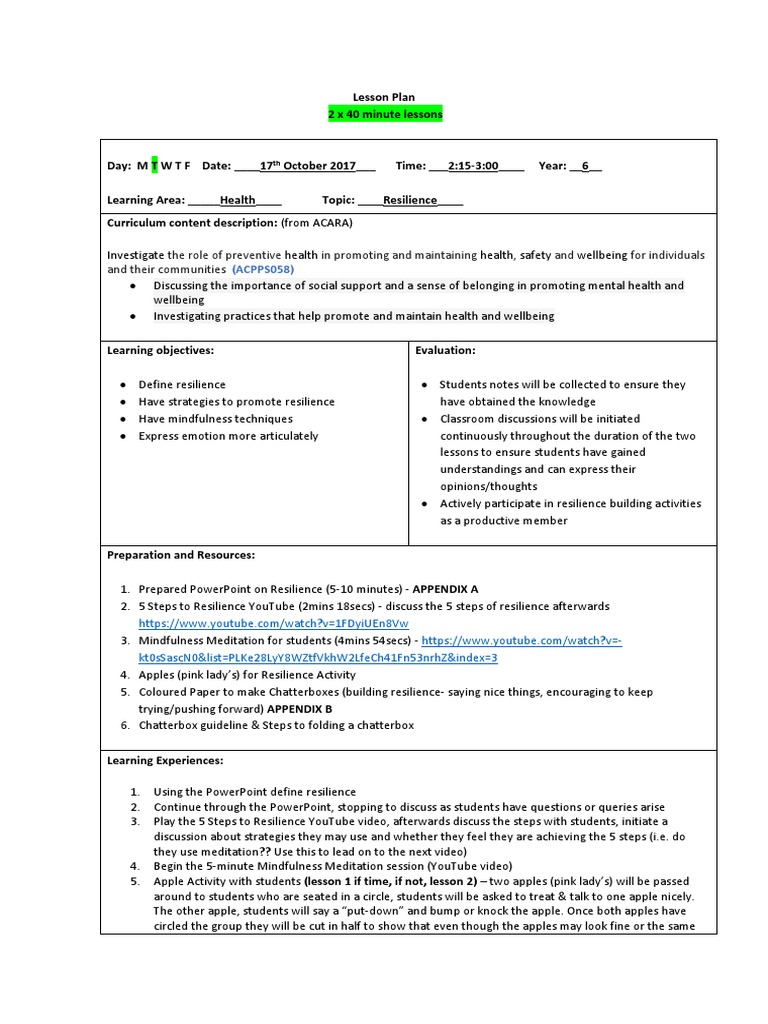 Health Reslience Lesson Plan - 2 X 45 Minute Lessons | PDF ...