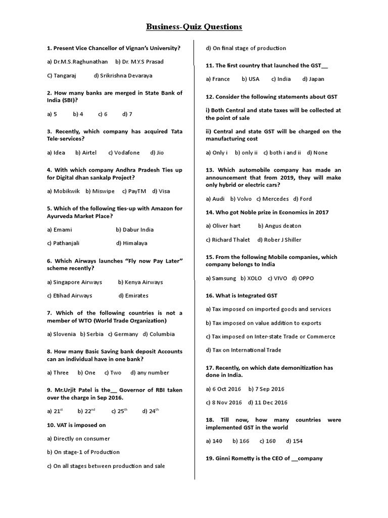 Business-Quiz Questions: ST ND TH TH | PDF | Value Added Tax | Economies