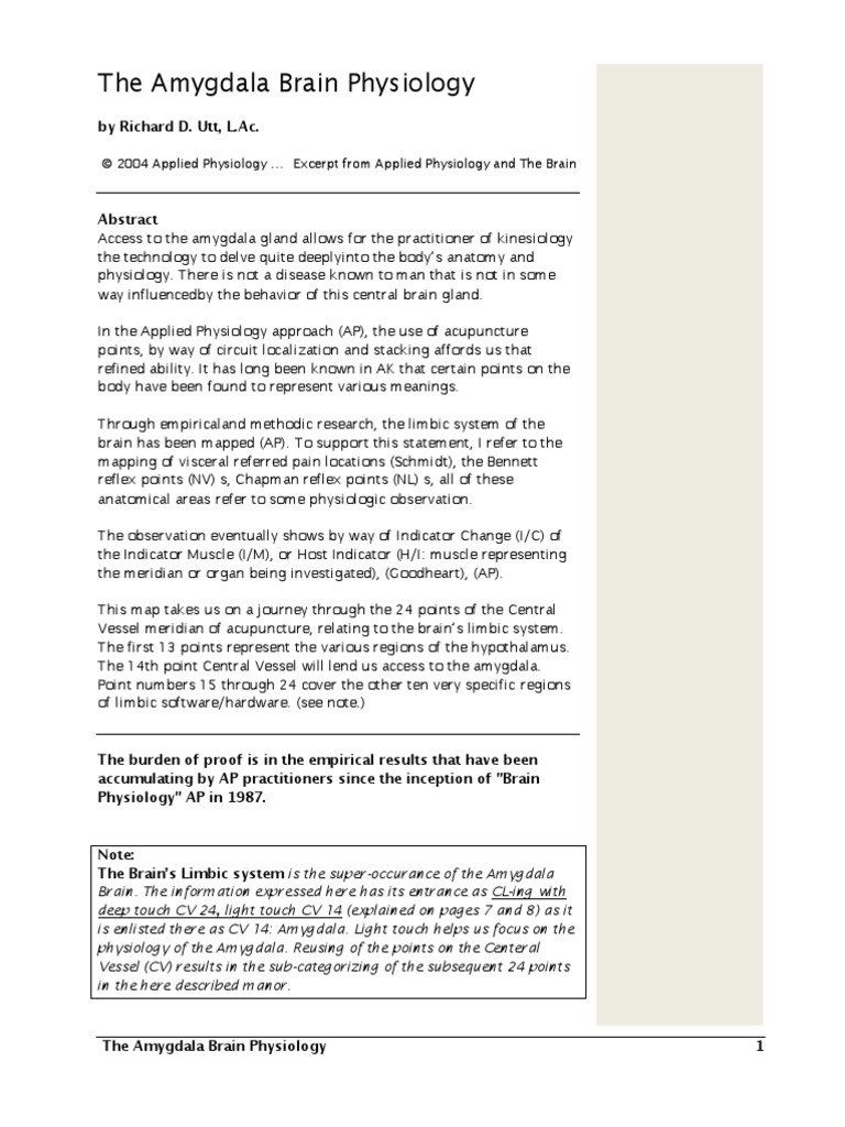 The Amygdala Brain Physiology - Richard Utt | PDF | Fear | Limbic System