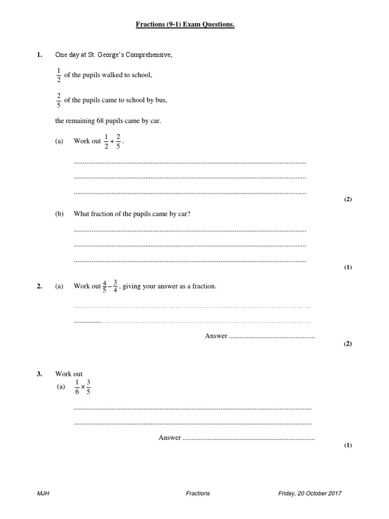 GCSE Fractions Exam Questions PDF | PDF | Numbers | Arithmetic