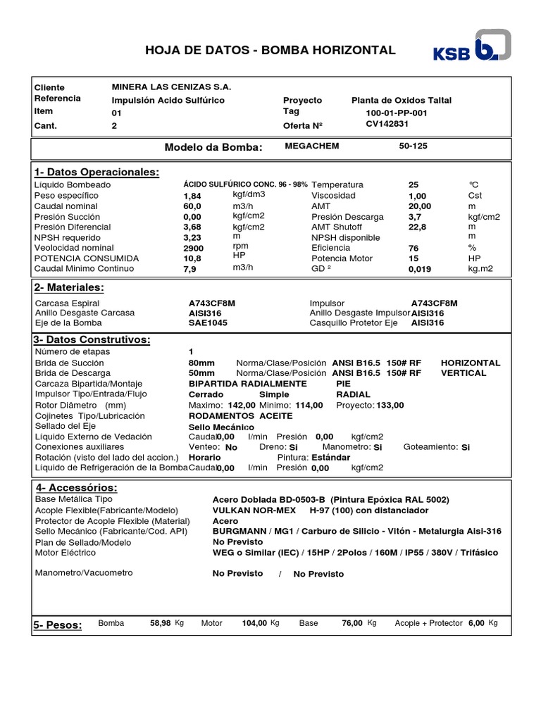 Data Sheet - Bomba KSB Megachem 50-125 - Acido Sulfúrico | Descargar ...