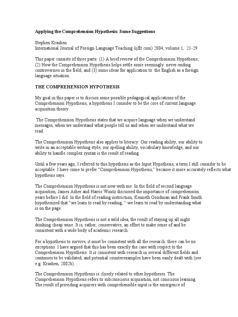 Comprehension Hypothesis in Language Learning | PDF | Reading ...