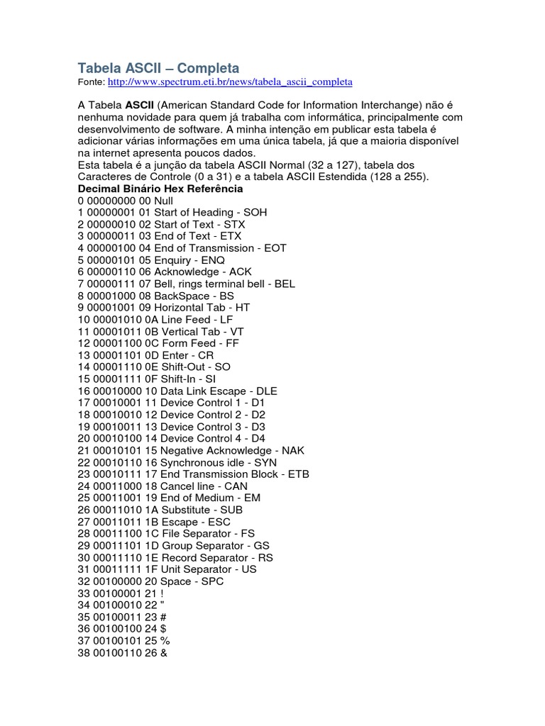 Tabela Ascii | PDF | Ascii | Texto