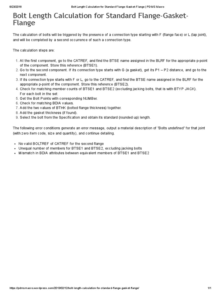 Bolt Length Calculation For Standard Flange-Gasket-Flange - PDMS Macro ...