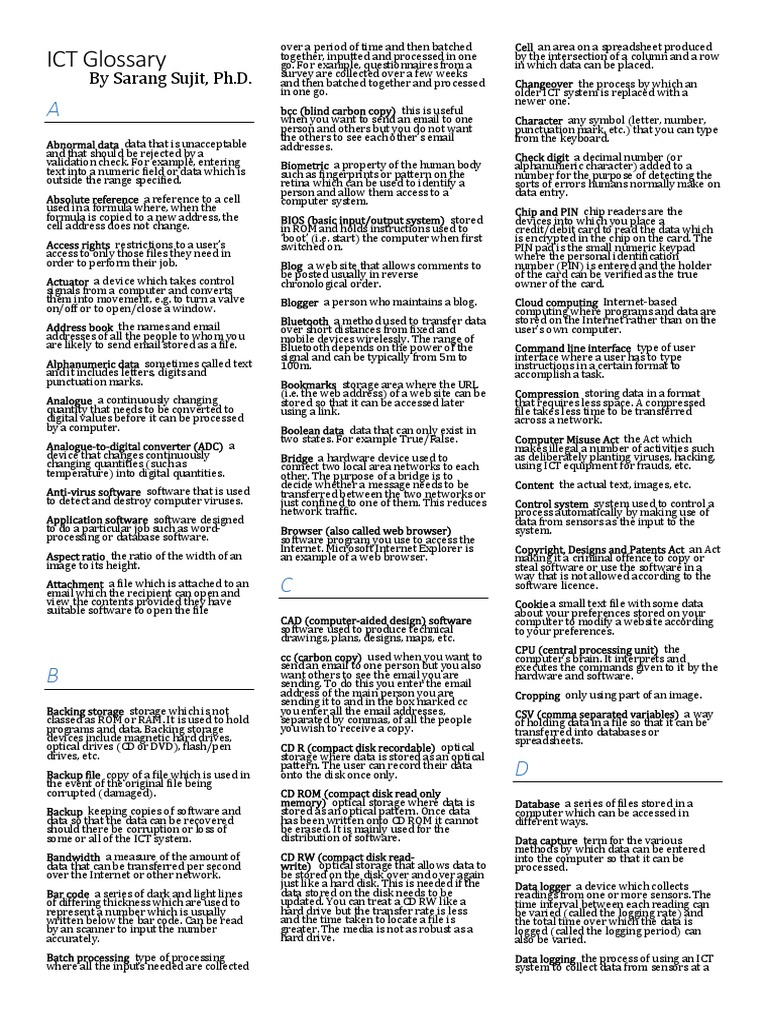ICT Glossary | PDF | Computer Data Storage | Computer Network