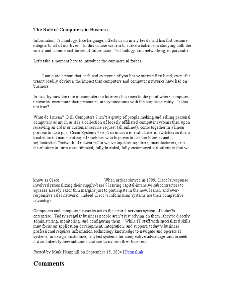 The Role of Computers in Business | PDF | Personal Computers | Internet