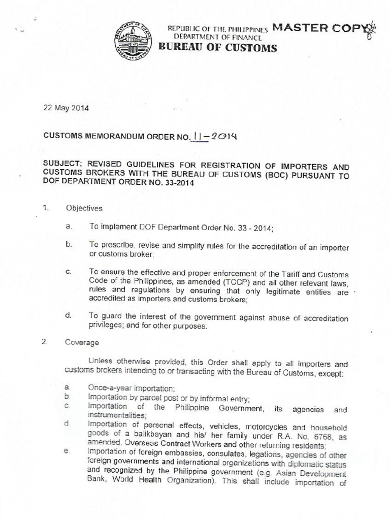 BOC Customs Memorandum Order No. 11-2014 PDF | PDF