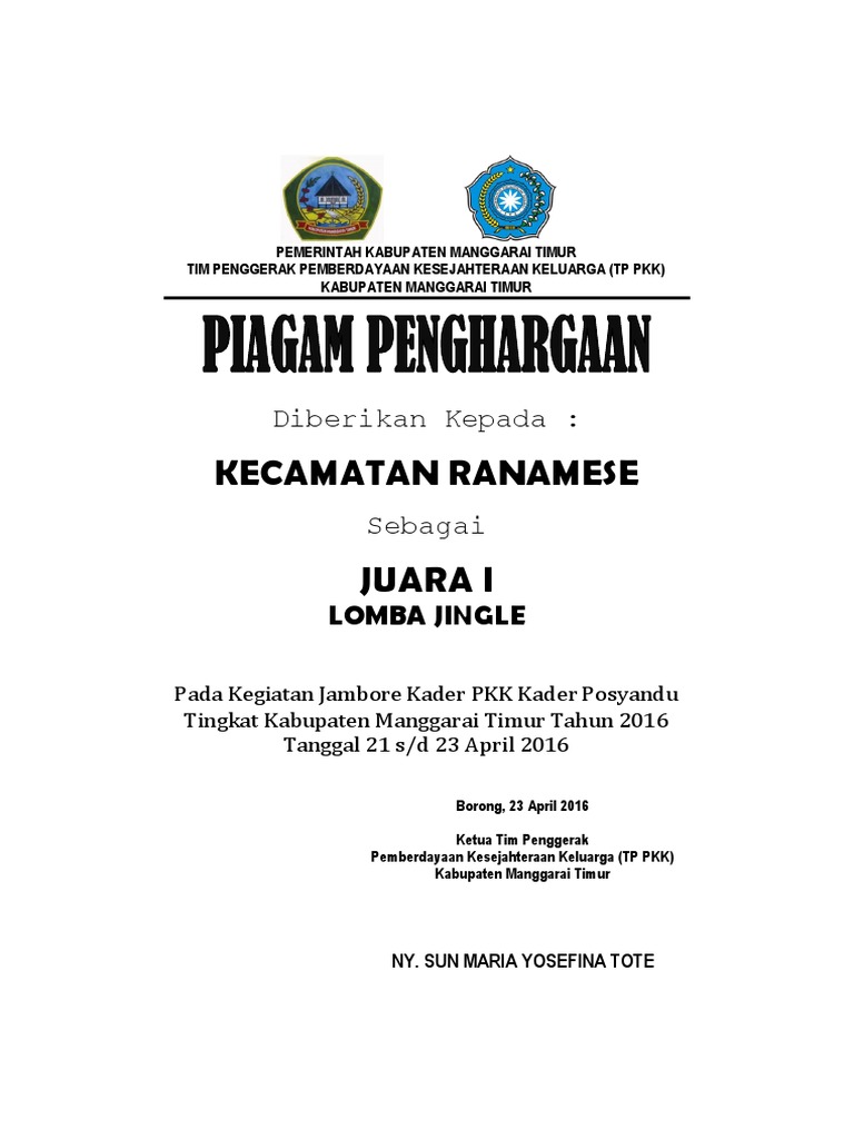 Piagam PKK Lomba Jingle | PDF | Agama & Spiritualitas