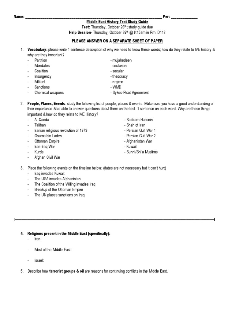 Middle East History Test Study Guide | PDF | Iraq | Iran