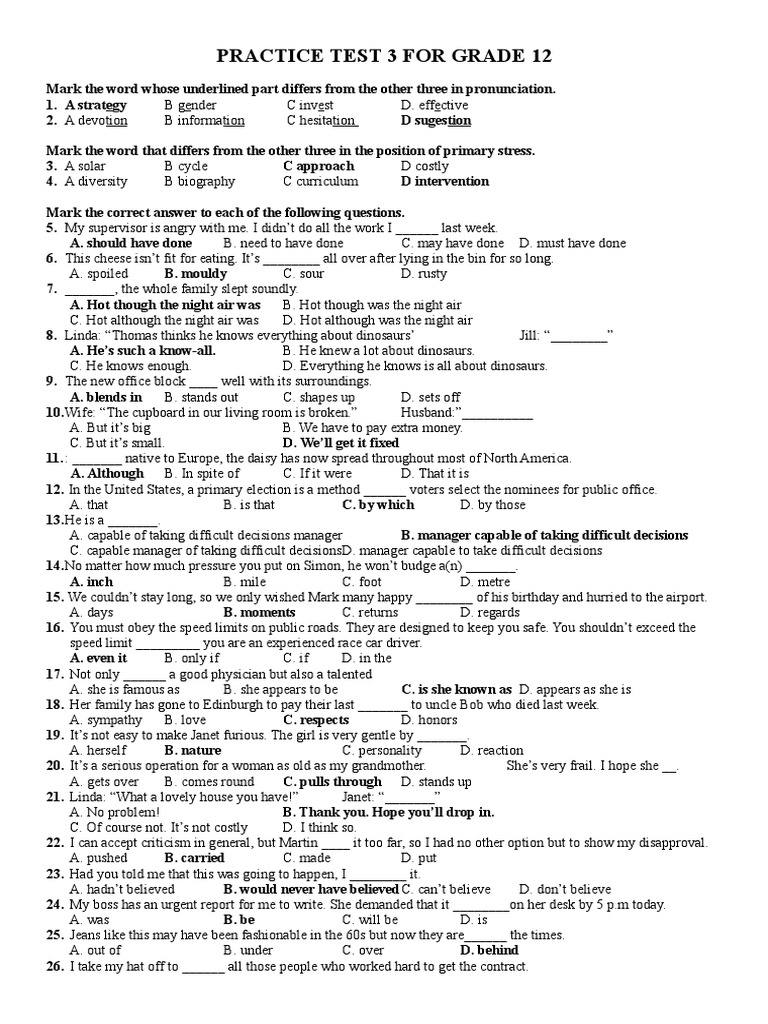 Practice Test 3 For Grade 12 | PDF | Cigarette | Smoking