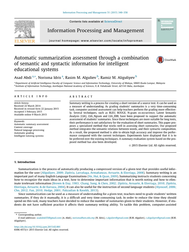 Automatic Summarization Assessment Through A Combination of Semantic and Syntactic Information ...