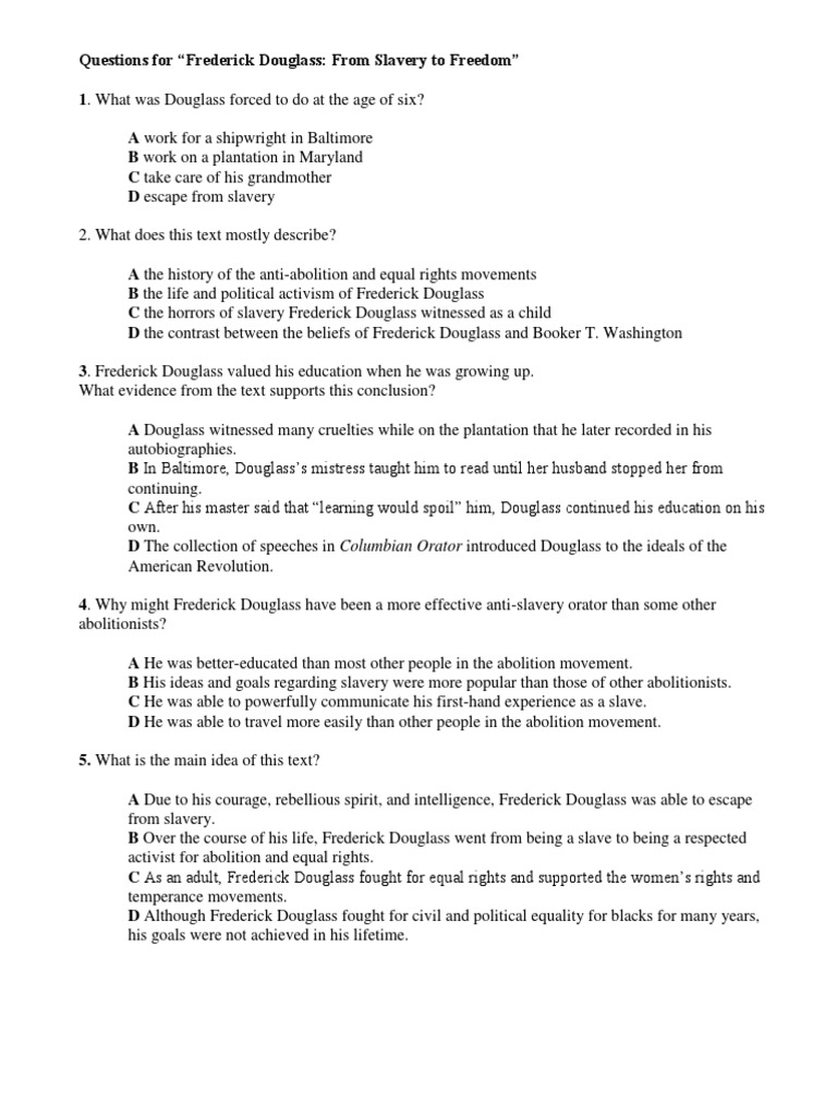 Questions For Frederick Douglass From Slavery To Freedom | PDF ...