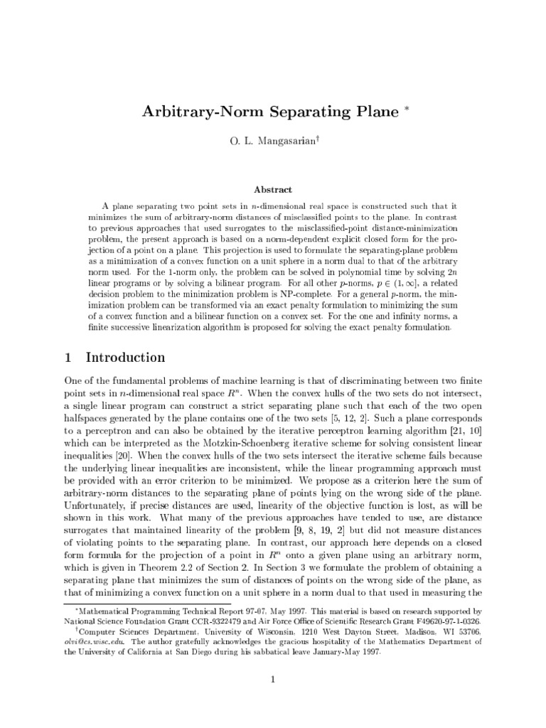 Arbitrary-Norm Separating Plane | PDF | Linear Programming ...