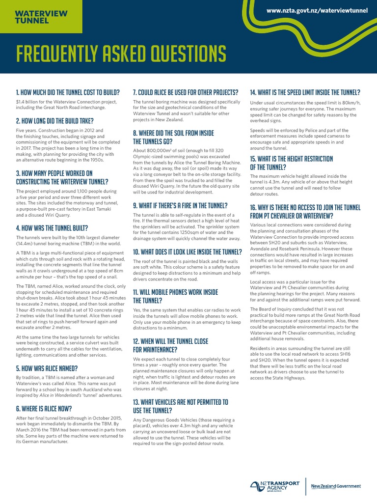 Waterview Tunnel Frequently Asked Questions | PDF | Tunnel | Traffic Waterview Tunnel Frequently Asked Questions | PDF | Tunnel | Traffic