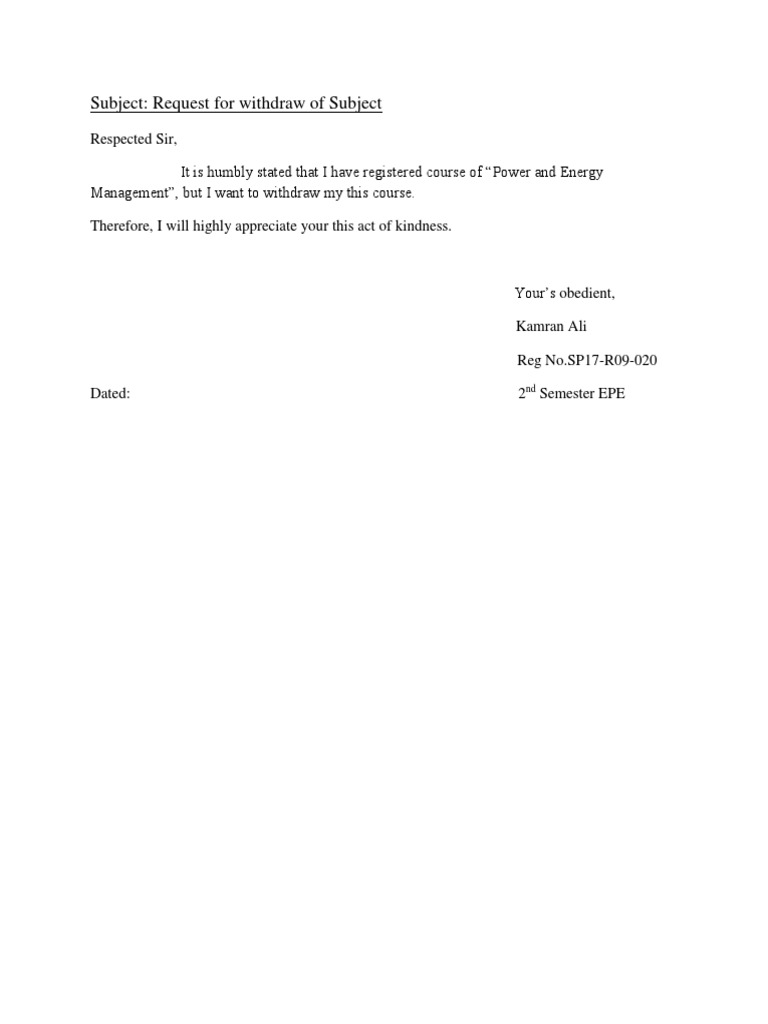 Subject: Request For Withdraw of Subject | PDF