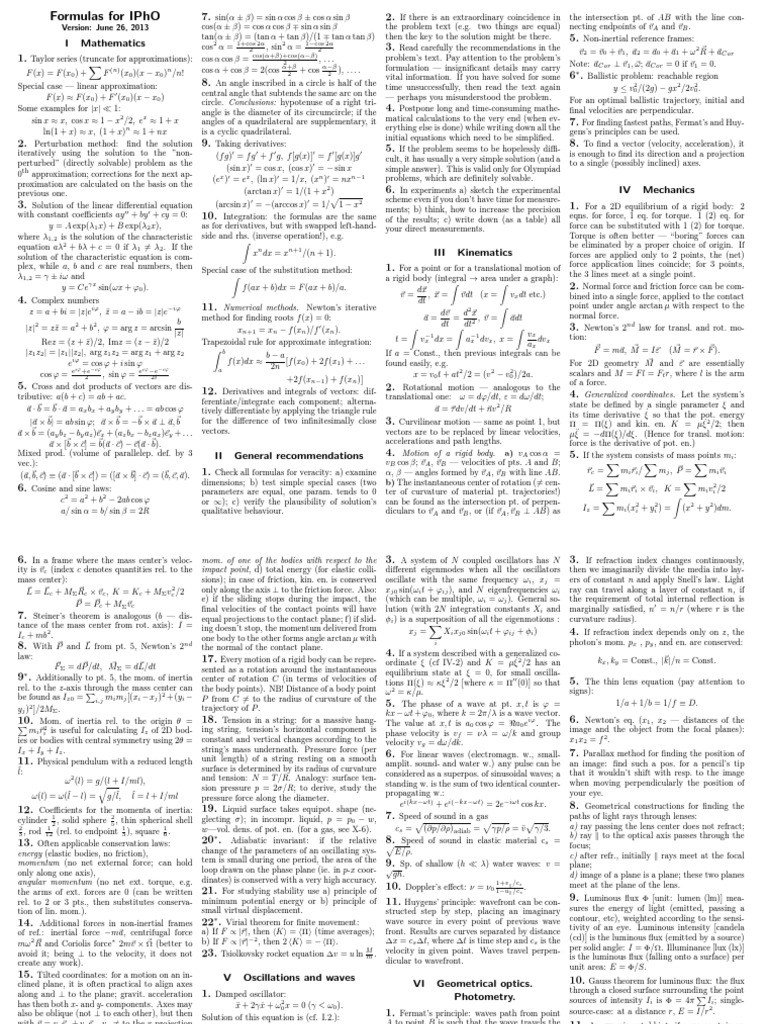 Formulas For IPho and Physics Olympiads PDF | PDF