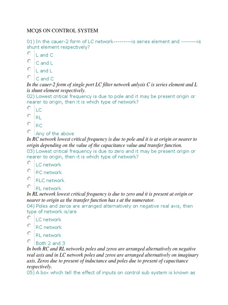 Control Systems MCQs and Concepts | PDF | Control Theory | Control System