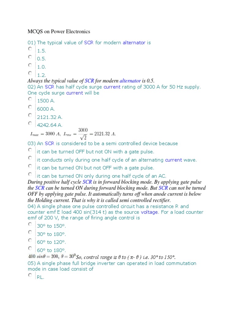 MCQS On Power Electronics 1 | PDF | Power Electronics | Force