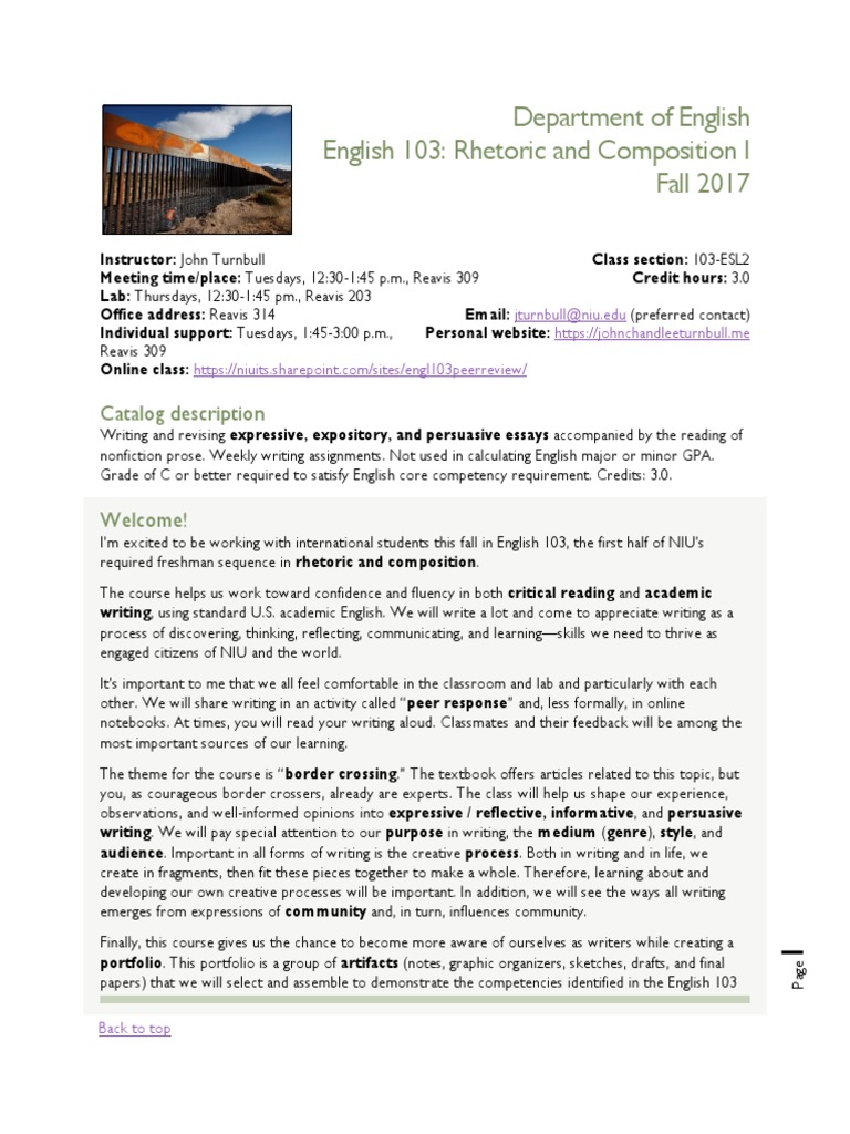 ENGL 103 (ESL) Syllabus, Northern Illinois University, Fall 2017 | PDF ...