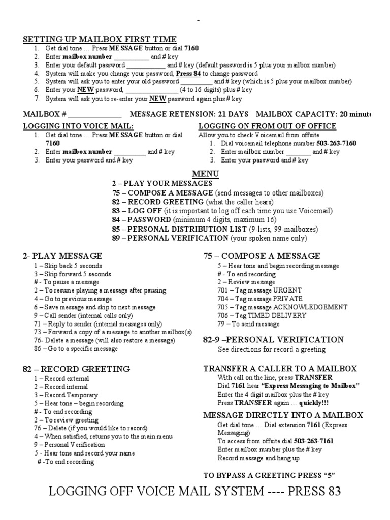 Call Pilot Mail Quick Reference | PDF | Voicemail | Telephony