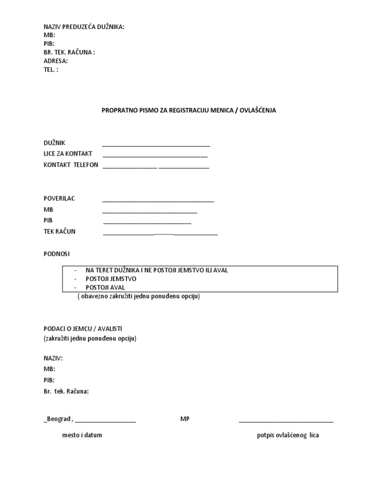 Propratno Pismo Za Registraciju Menica | PDF