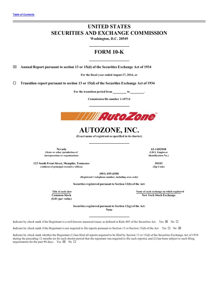 Autozone Inc | PDF | Form 10 K | Aftermarket (Automotive)