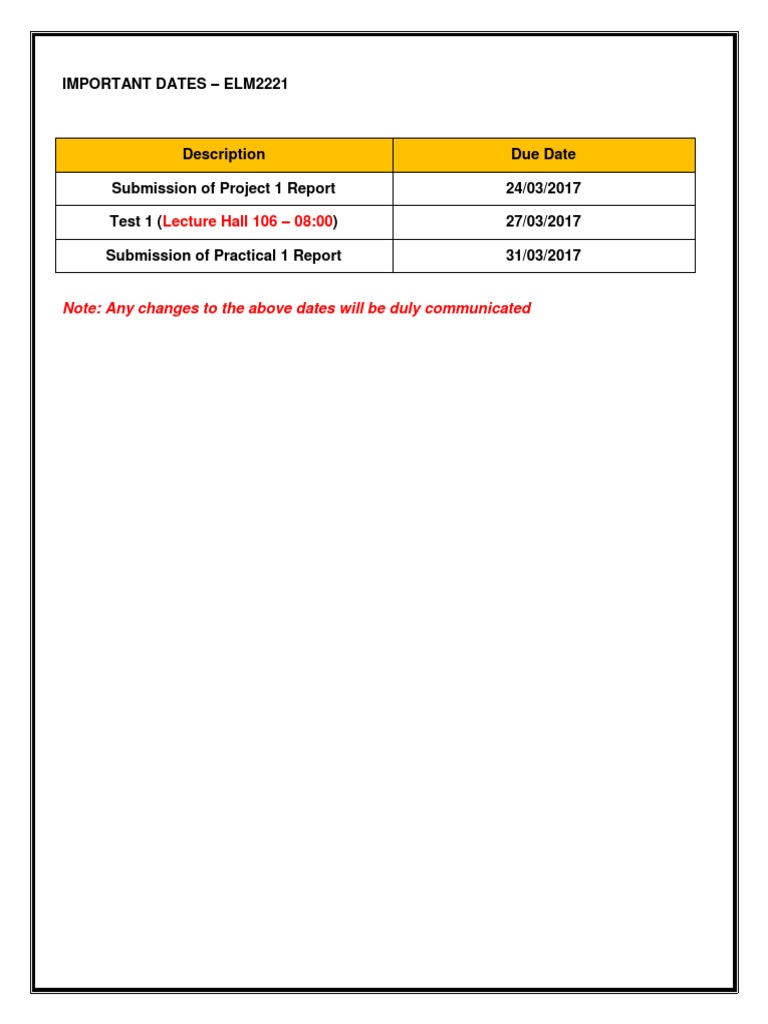 Important Dates for ELM2221 Course | PDF