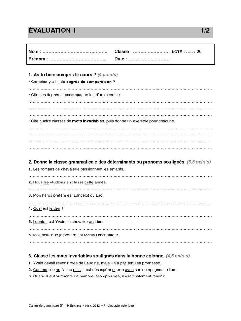 Cahier de Grammaire 5e Evaluations PDF | PDF | Syntaxe | Morphologie ...