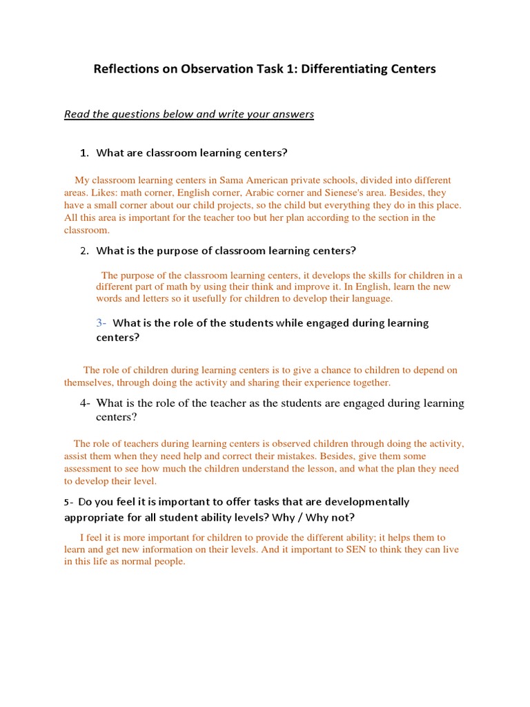 Reflections On Observation Task 1: Differentiating Centers: Read The ...