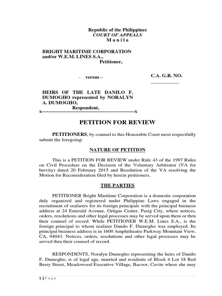 Sample Petition For Review by Balio and | PDF | Lawsuit | Attorney's Fee