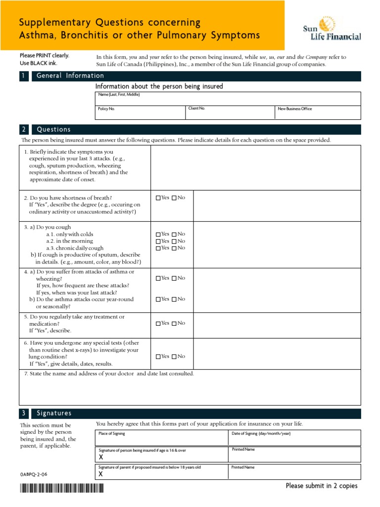 Supplementary Questions Concerning Asthma Bronchitis or Other Pulmonary ...
