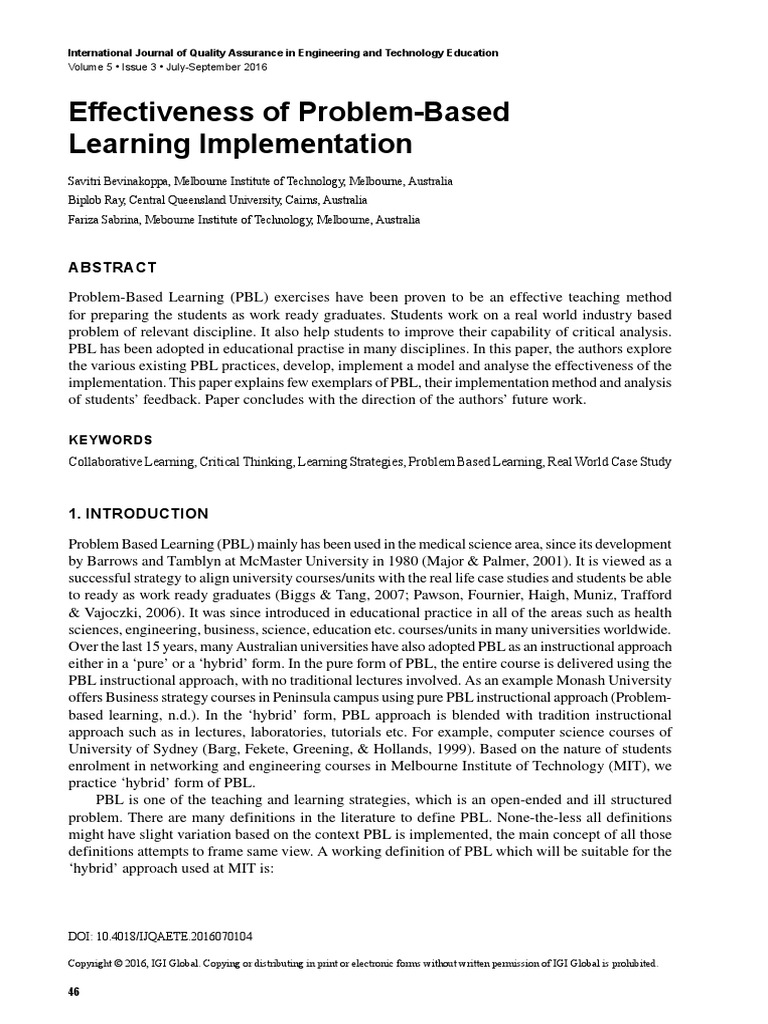 Effectiveness of Problem-Based Learning Implementation: Keywords | PDF ...