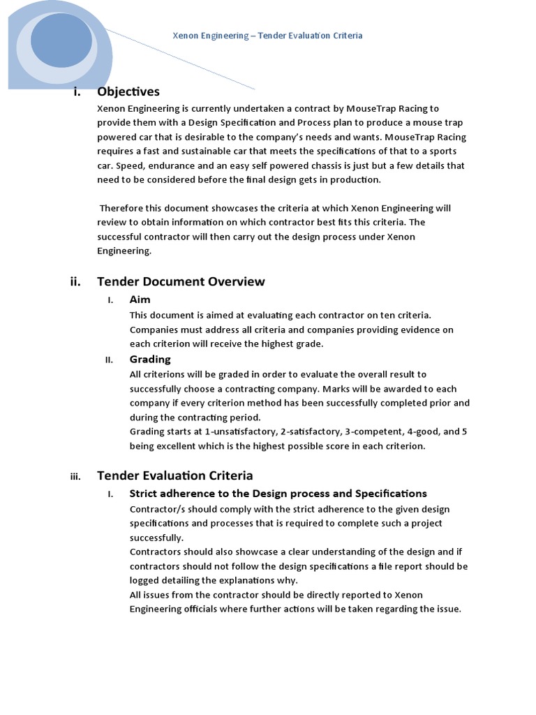Tender Evaluation Criteria | PDF | Specification (Technical Standard) | Evaluation