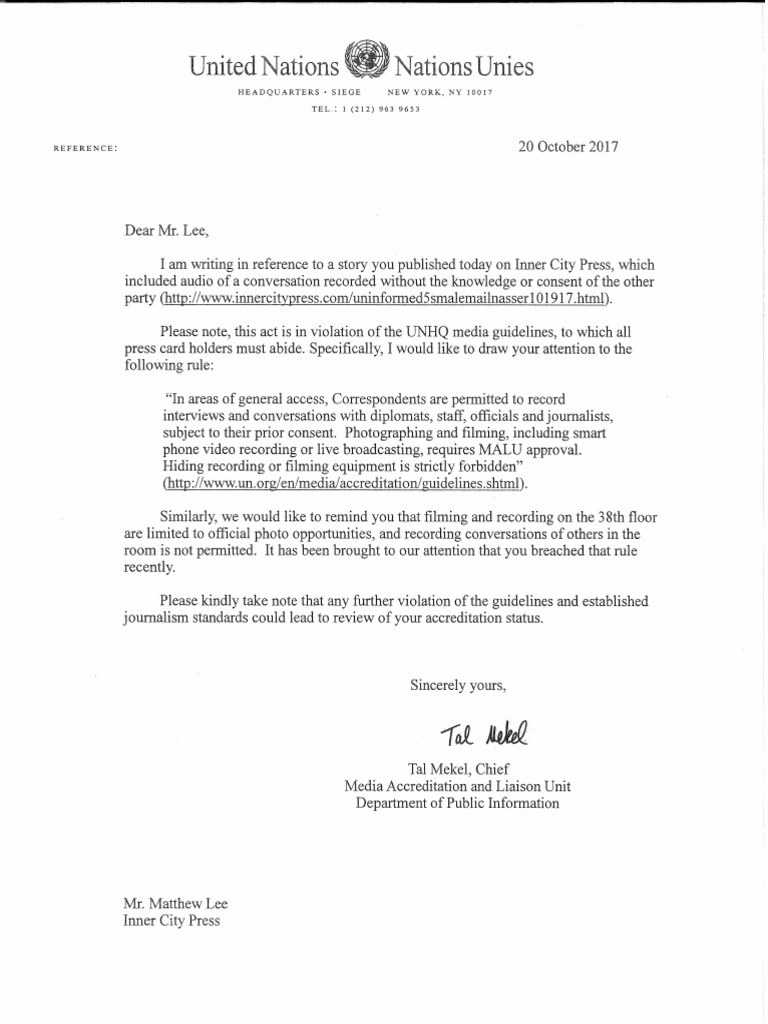 UN's Letter Threatening To Review Inner City Press' Accreditation For ...