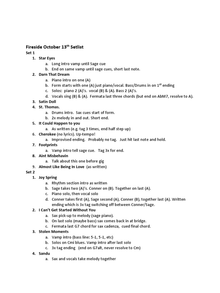 Fireside October 13 Setlist: Set 1 1. Star Eyes | PDF | Jazz | American ...