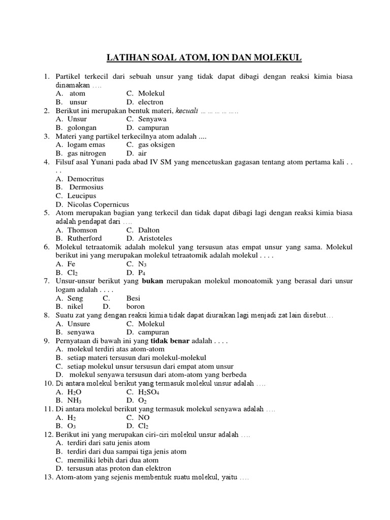 Soal Atom Ion Molekul Pdf 