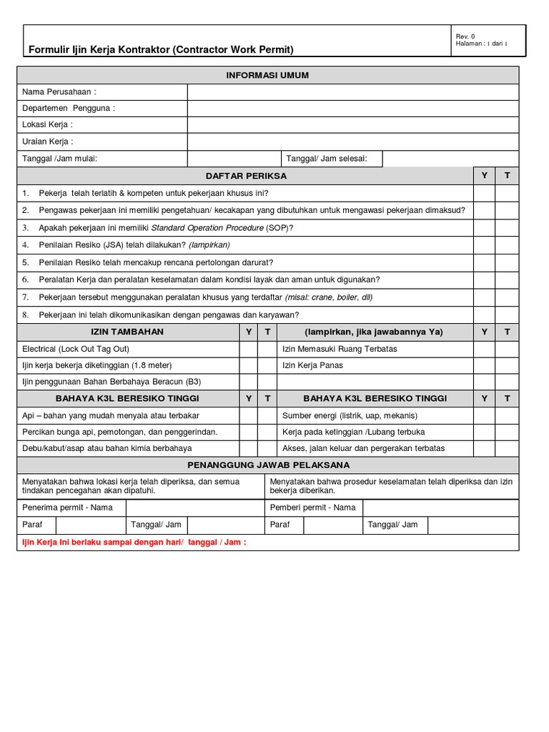 Formulir Izin Kerja Kontraktor | PDF