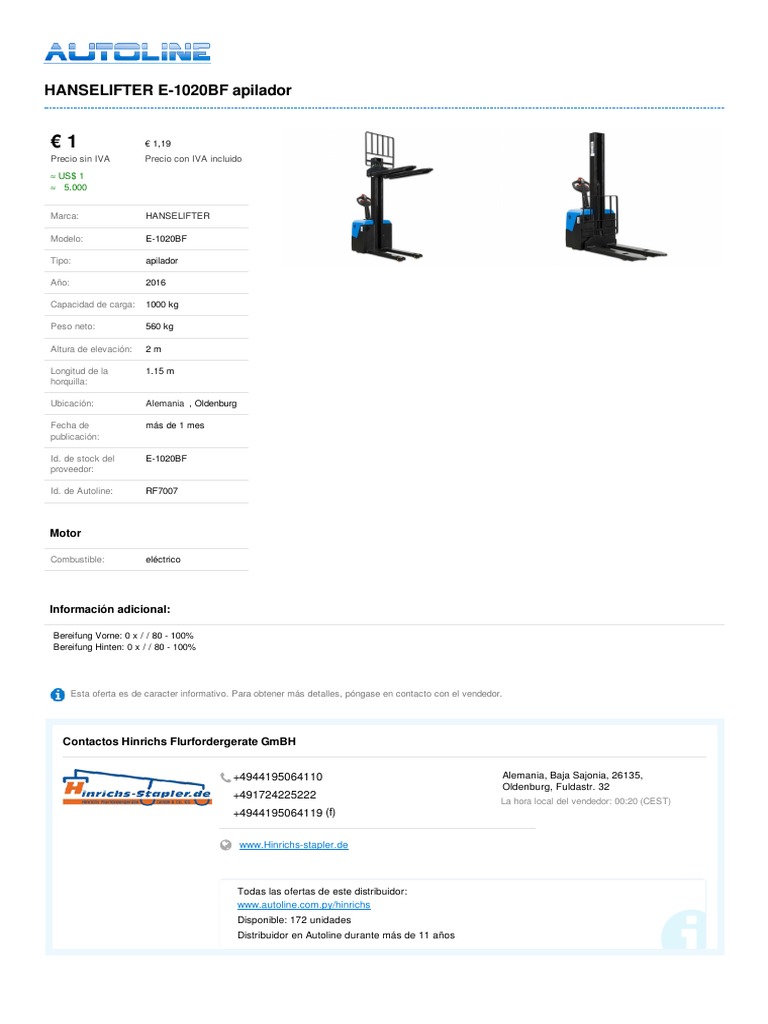 Apilador HANSELIFTER E-1020BF en Alemania | PDF | Vehículos | Transporte