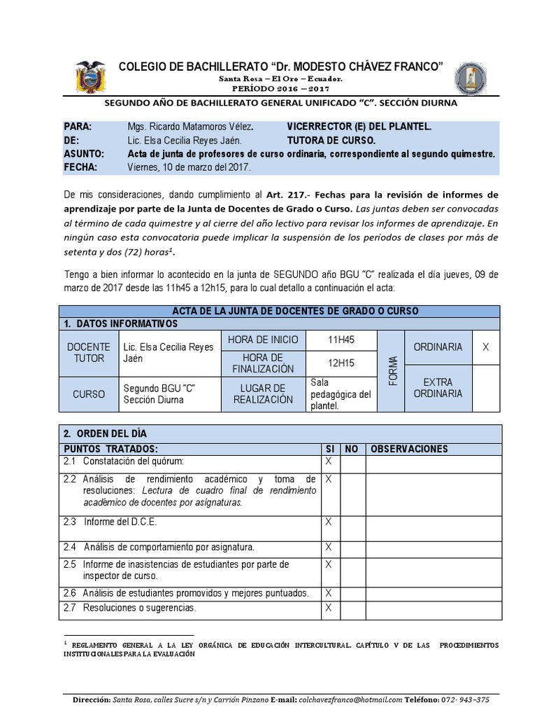 Informe de Junta de Curso Anual - 2do Bgu C | Descargar gratis PDF | Aparición | Maestros