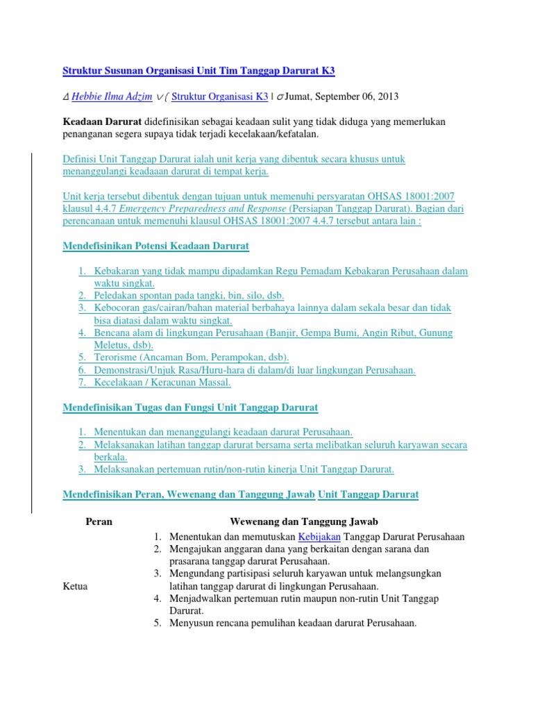 Struktur Susunan Organisasi Unit Tim Tanggap Darurat K3 | PDF