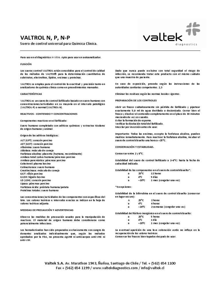 Suero Control VALTROL para Química Clínica | PDF | Laboratorios ...